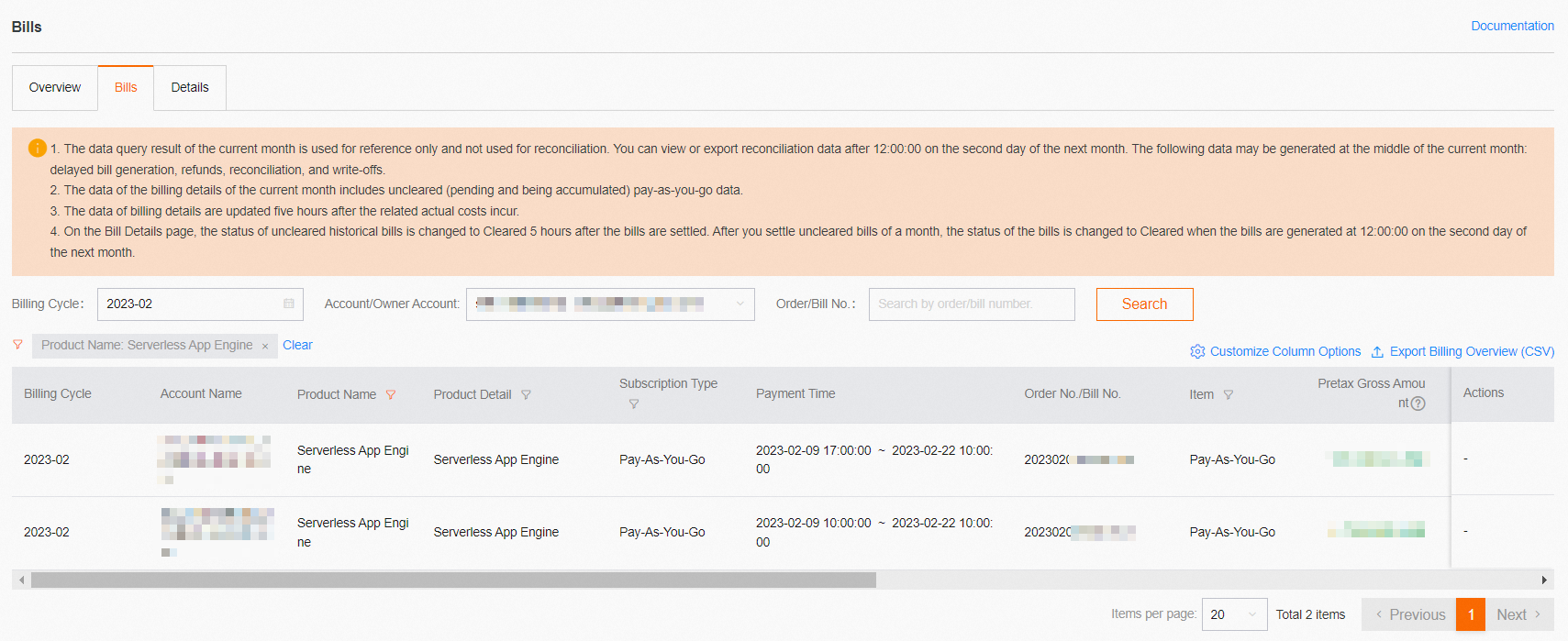 Query billing details - Serverless App Engine - Alibaba Cloud Documentation Center