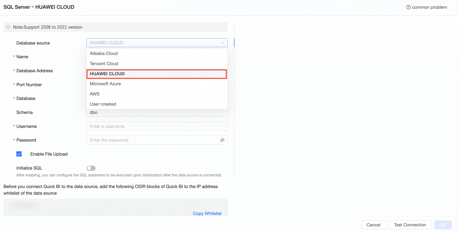 How to create a Huawei Cloud SQL Server data source - Quick BI - Alibaba Cloud Documentation Center