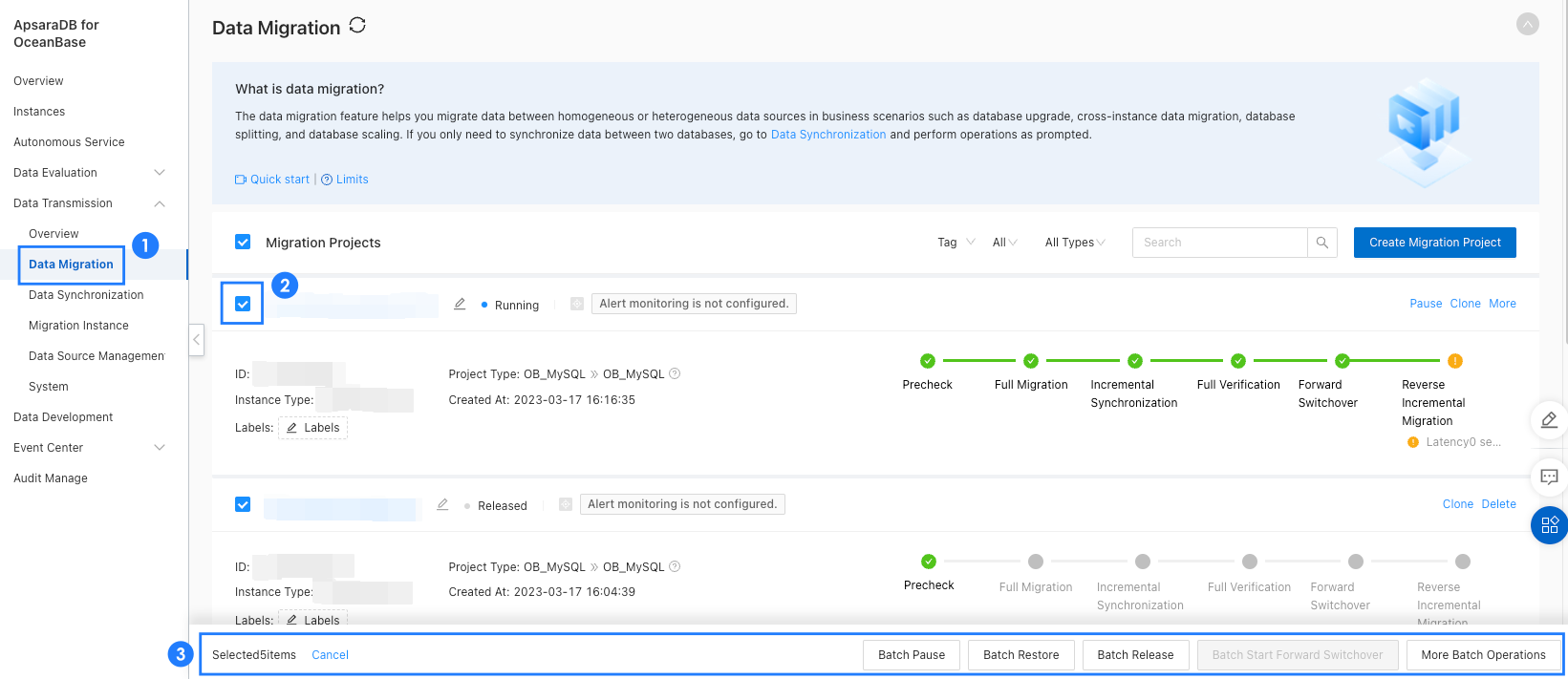 Perform Batch Operations On Data Migration Projects Apsaradb For Oceanbase Alibaba Cloud