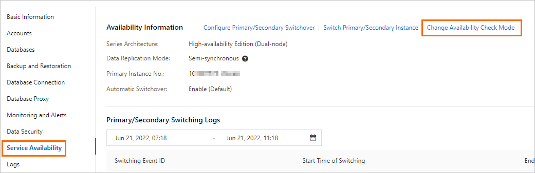 Change an availability check method - ApsaraDB for MyBase - Alibaba ...
