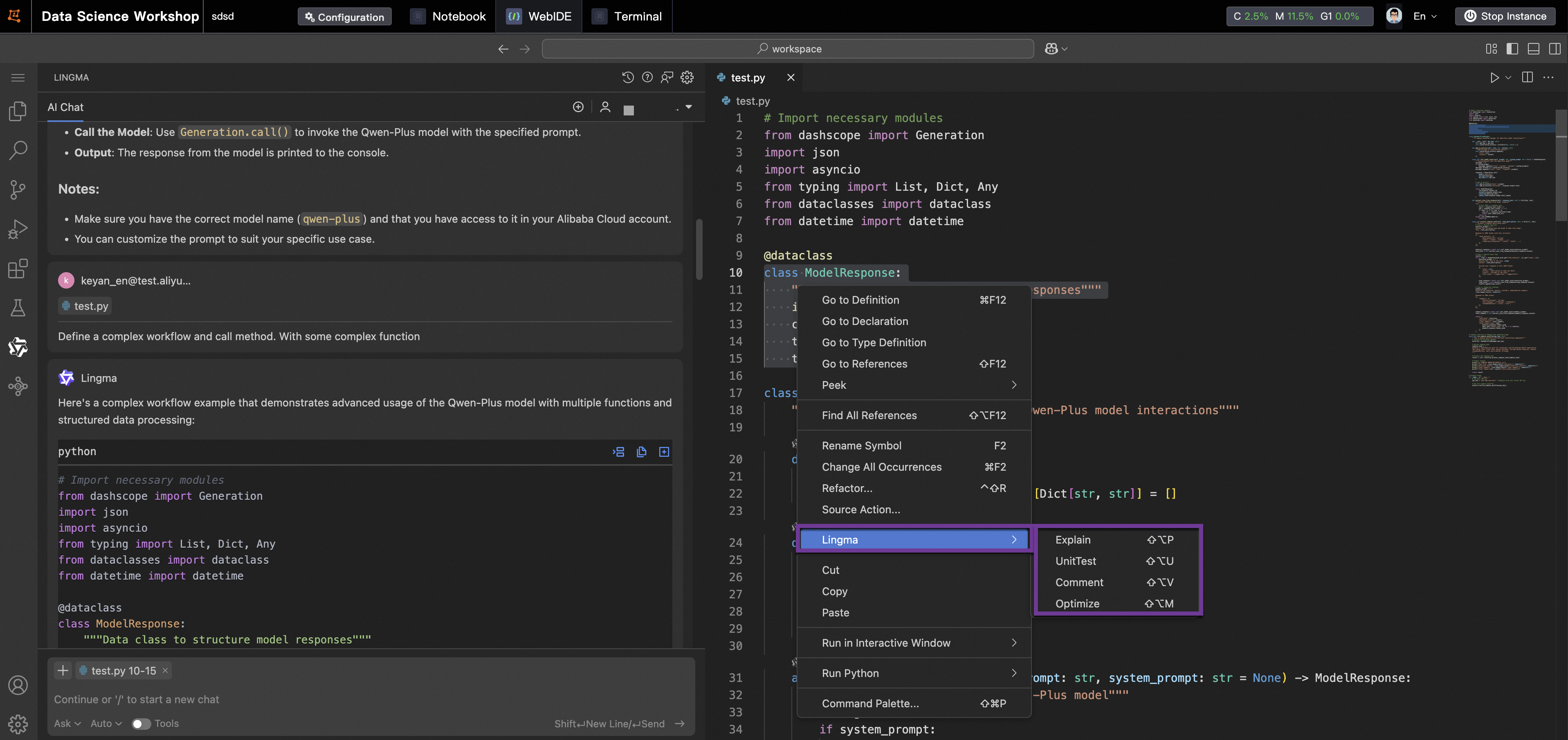 Use Lingma for intelligent coding in DSW - Platform For AI - Alibaba Cloud Documentation Center