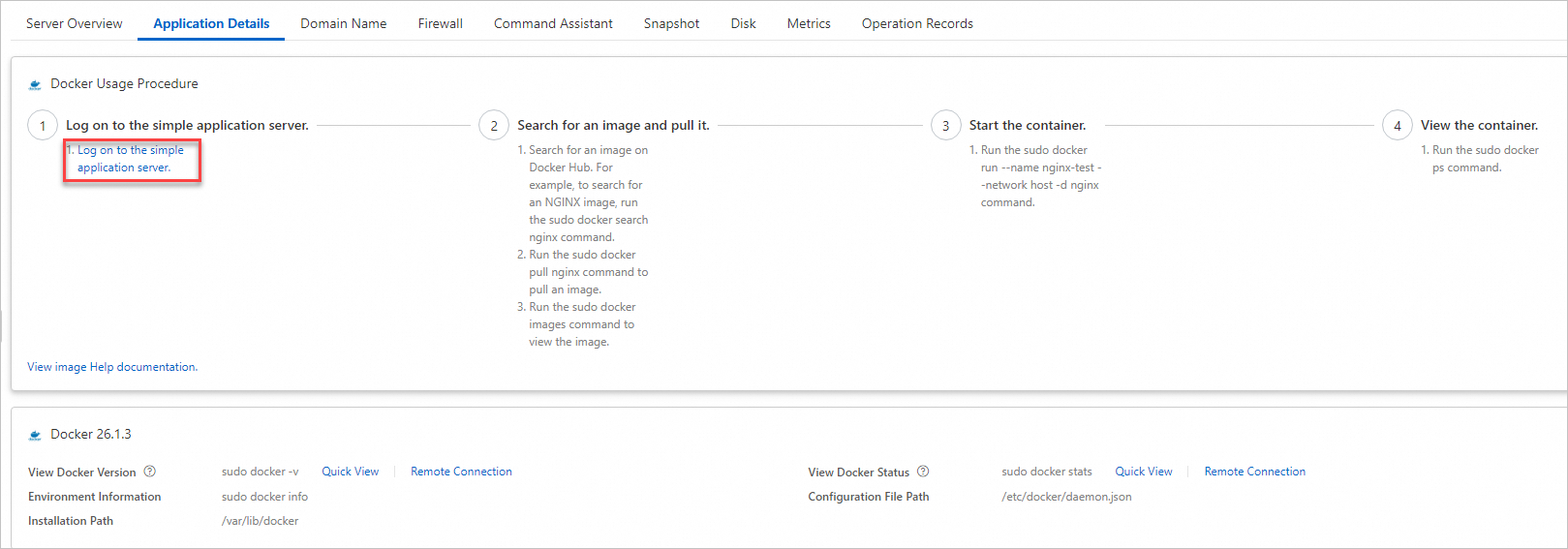Deploy and use Docker - Simple Application Server - Alibaba Cloud Documentation Center