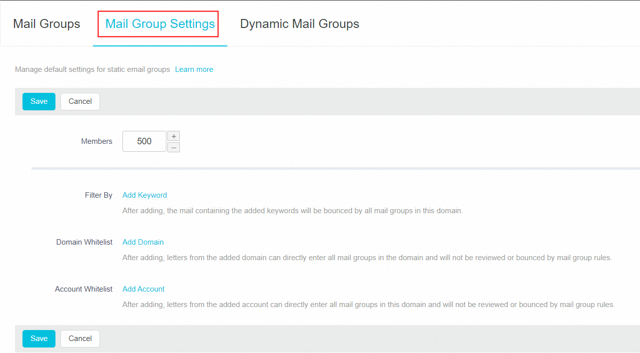 What Are the Settings of Static Mail Groups? - Alibaba Mail - Alibaba Cloud Documentation Center
