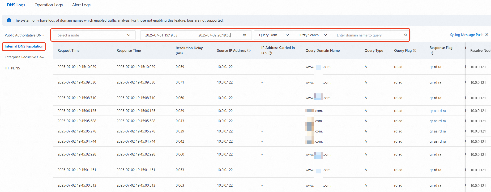 Intranet domain name resolution logs - Alibaba Cloud DNS - Alibaba ...