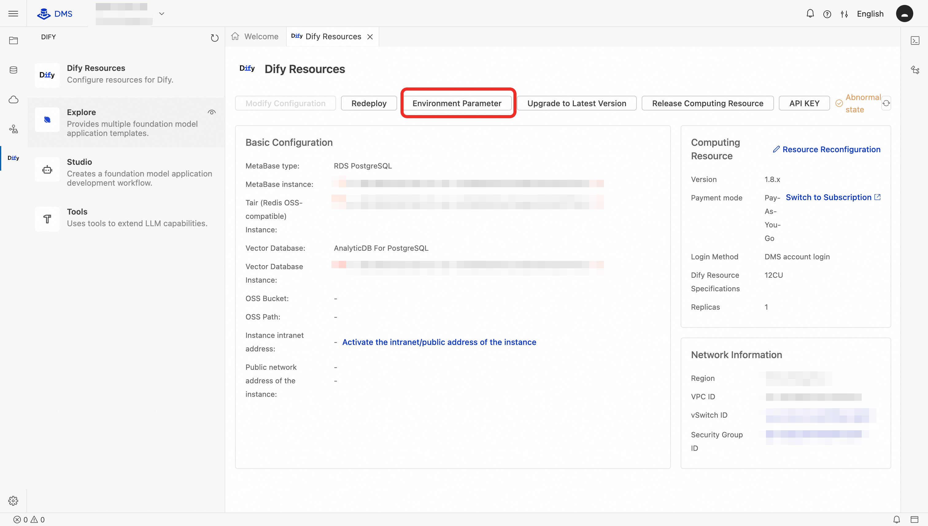 Custom environment variables for Dify - Data Management - Alibaba Cloud ...