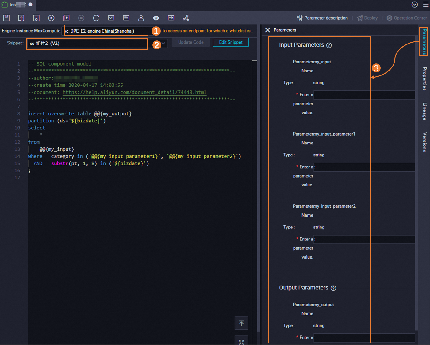 Create an SQL Snippet node and reference a script template - MaxCompute - Alibaba Cloud ...