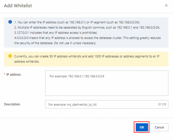 Configure the IP address allowlist, DashVector access control - Vector ...