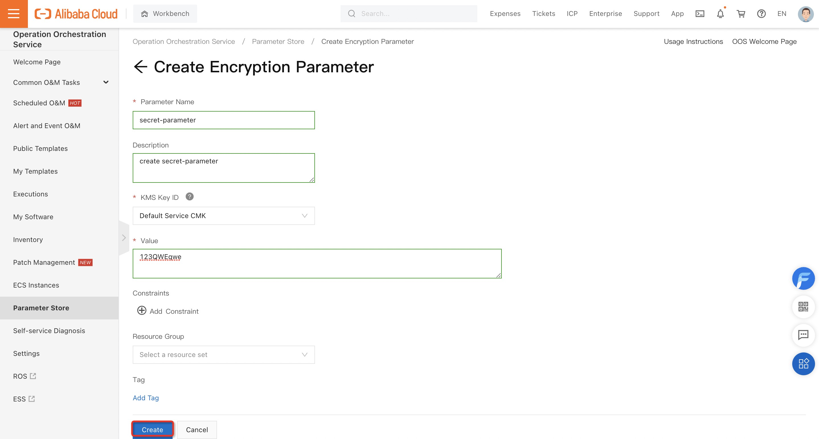 Use encryption parameters for template executions - CloudOps Orchestration Service - Alibaba ...