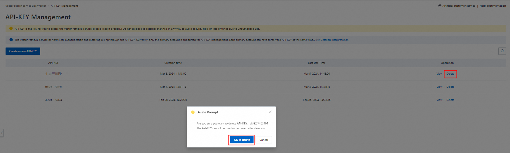 Manage API keys - Vector Retrieval Service - Alibaba Cloud ...