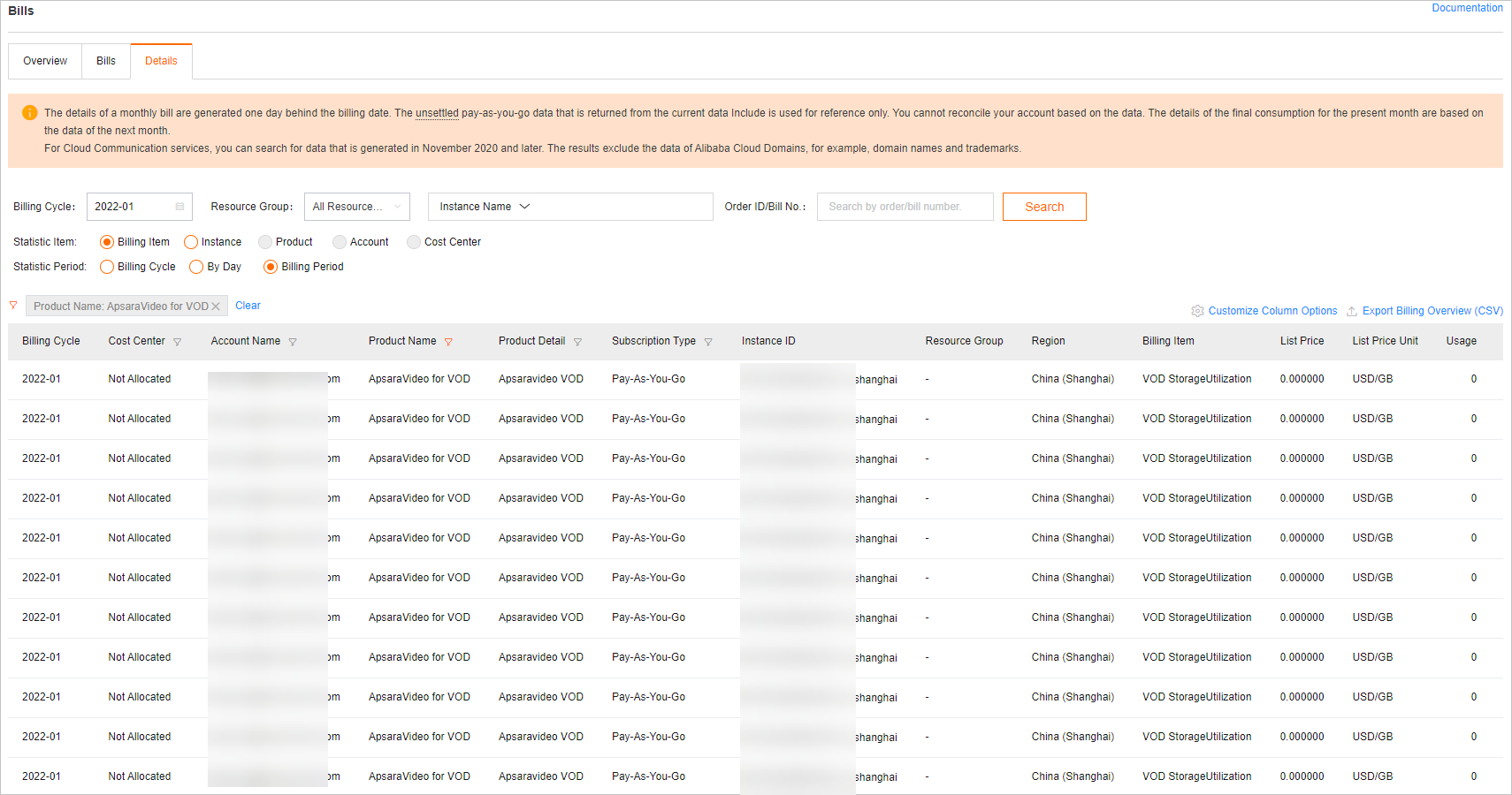 View your bills - ApsaraVideo VOD - Alibaba Cloud Documentation Center