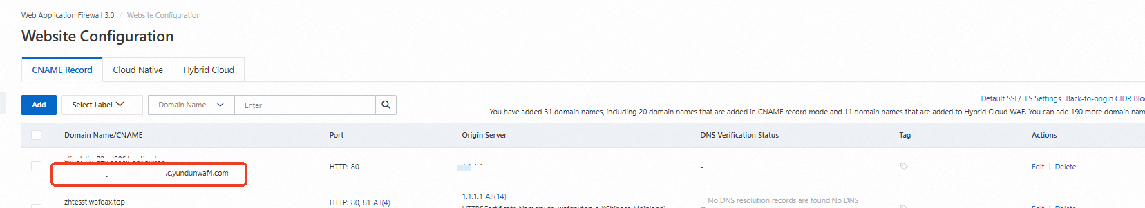 Enable WAF protection for an accelerated domain name added to Alibaba ...