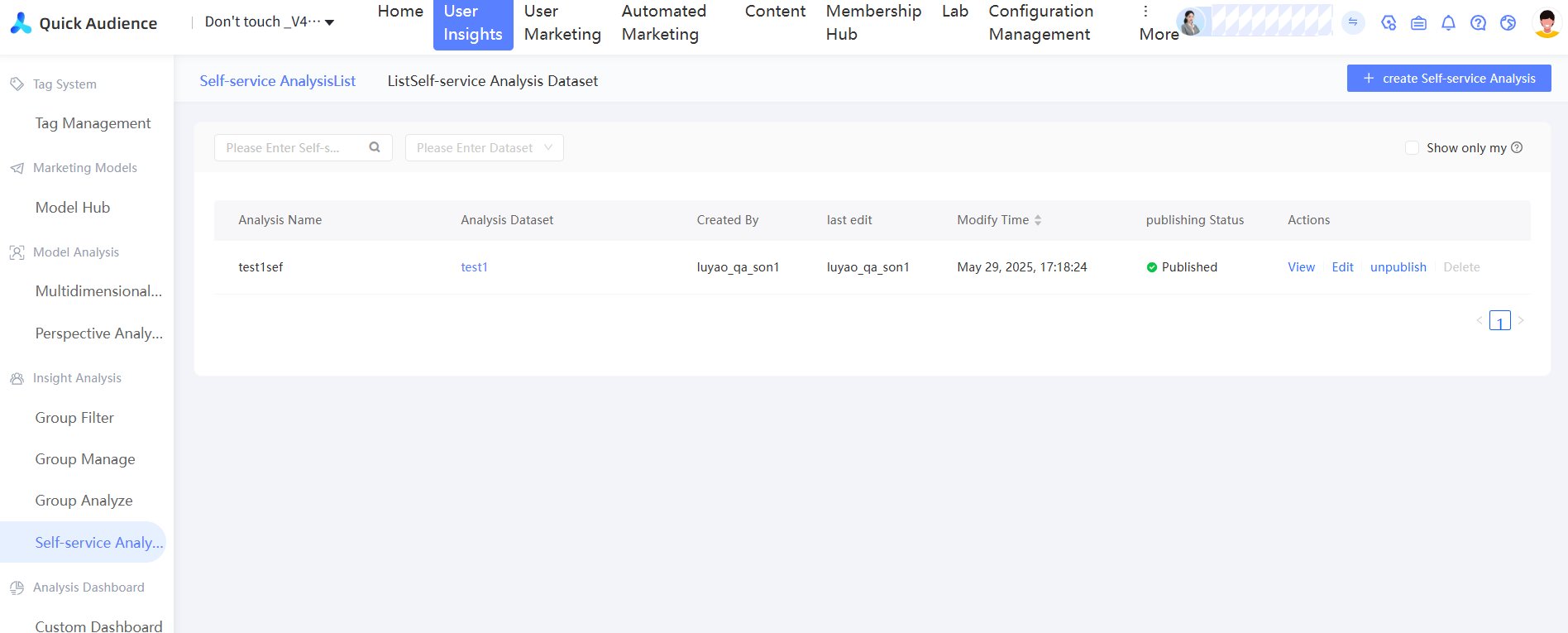 How to create /manage self-service analysis - Quick Audience - Alibaba Cloud Documentation Center