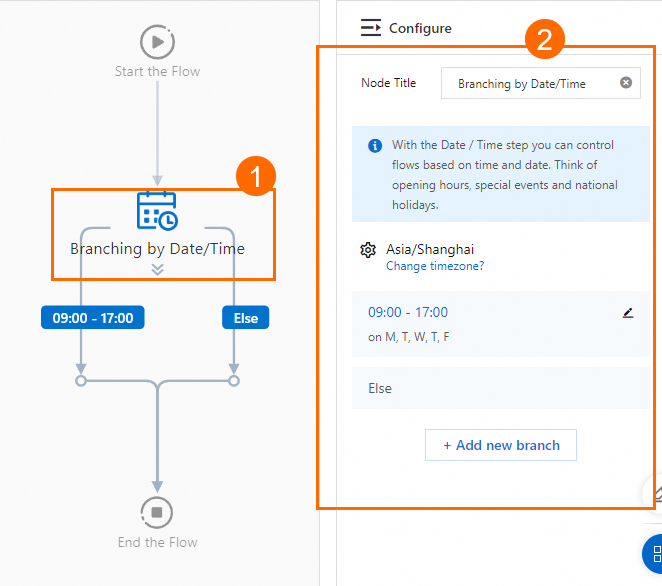 Configure the Branching by Date/Time node - Chat App Message Service - Alibaba Cloud ...