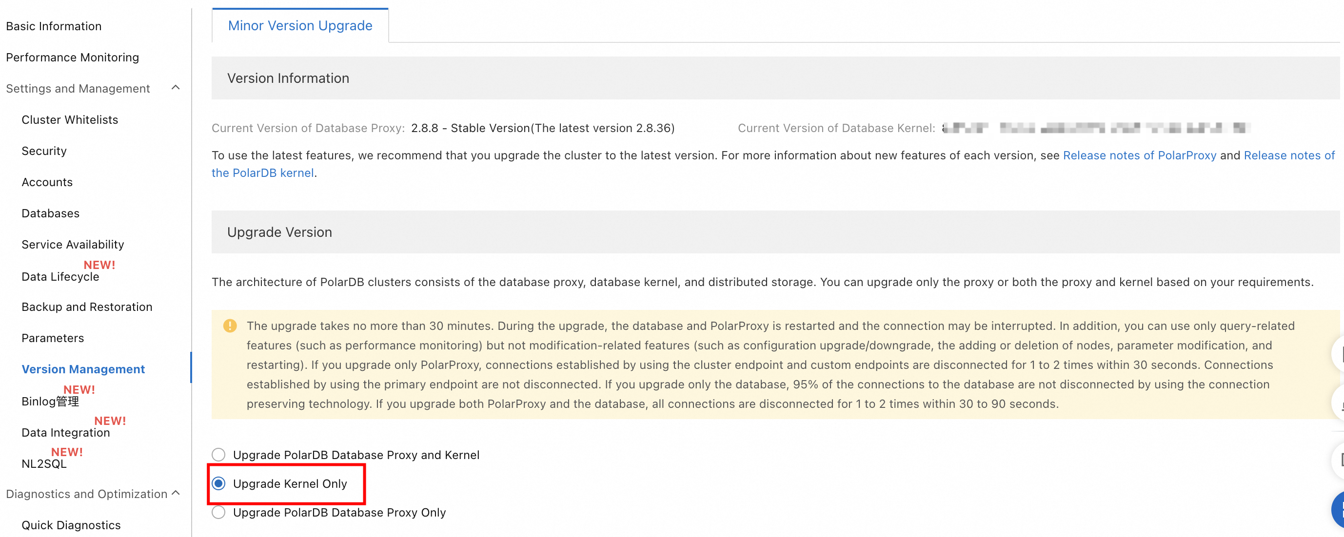 Minor version upgrade (cold upgrade) reminder for BLOB scenarios - - Alibaba Cloud Documentation ...