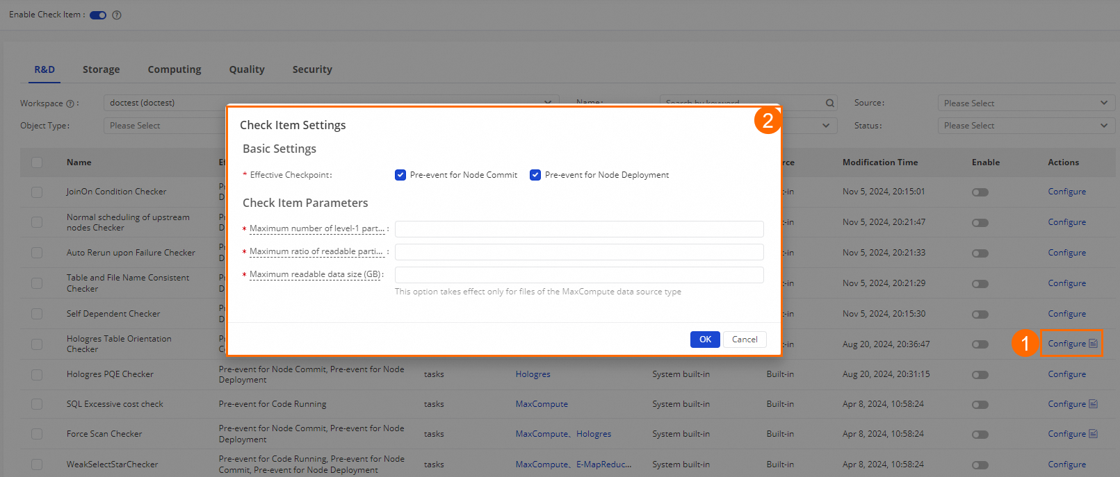 Configure check items - DataWorks - Alibaba Cloud Documentation Center