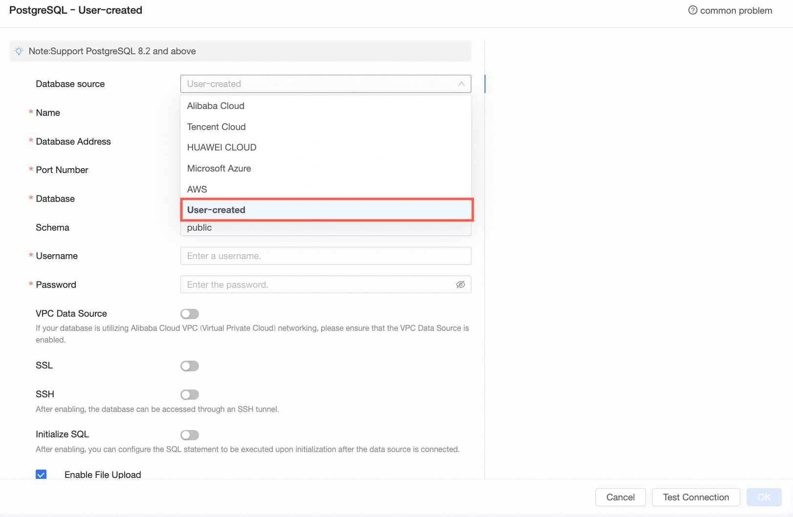 How To Add A User Created Postgresql Data Source Quick Bi Alibaba