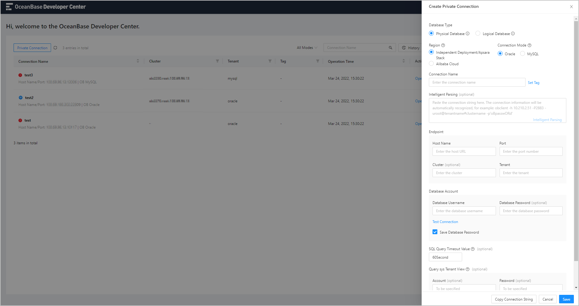 Create a connection -OceanBase Developer Center-OceanBase Documentation