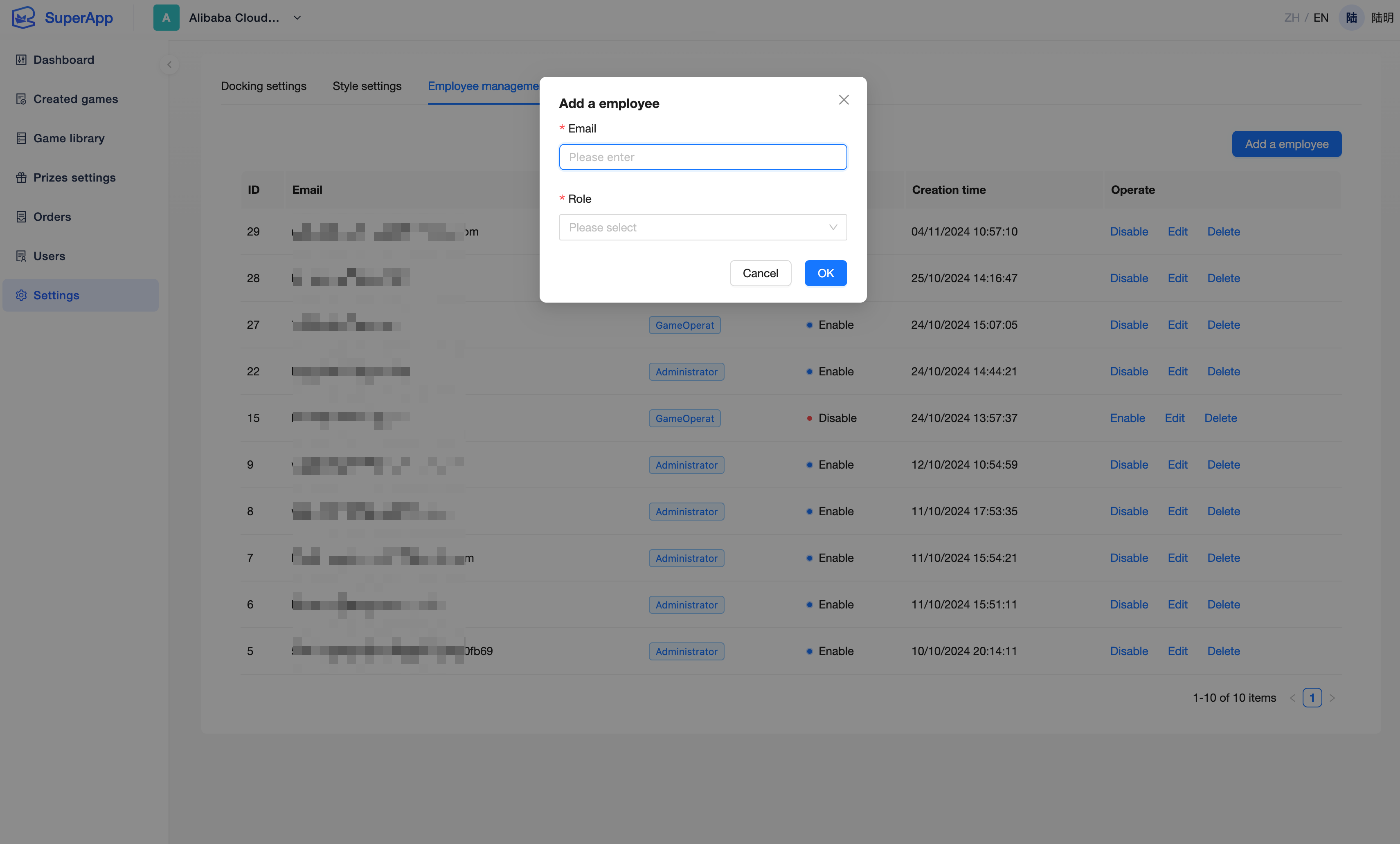 Settings - SuperApp - Alibaba Cloud Documentation Center