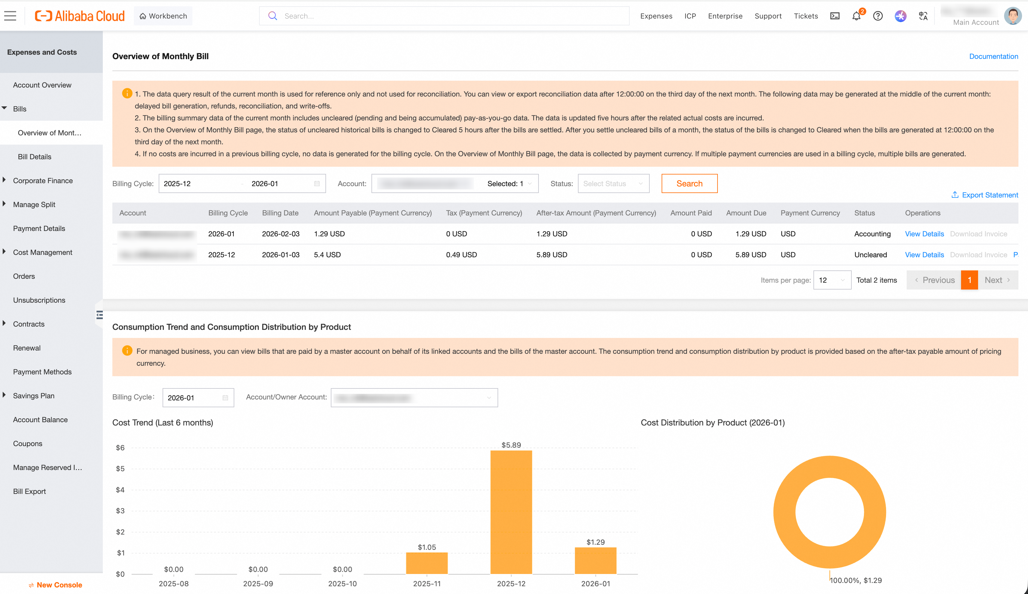 Alibaba Cloud bills provide monthly spending summaries and detailed ...