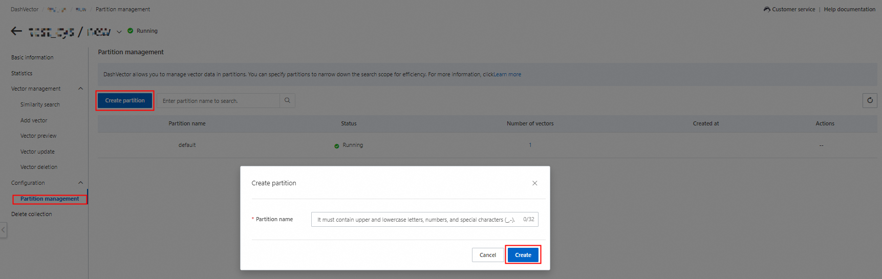 Create a partition - Vector Retrieval Service - Alibaba Cloud Documentation Center
