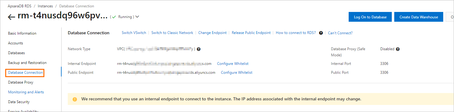 View and change the internal and public endpoints and port numbers - ApsaraDB for MyBase ...