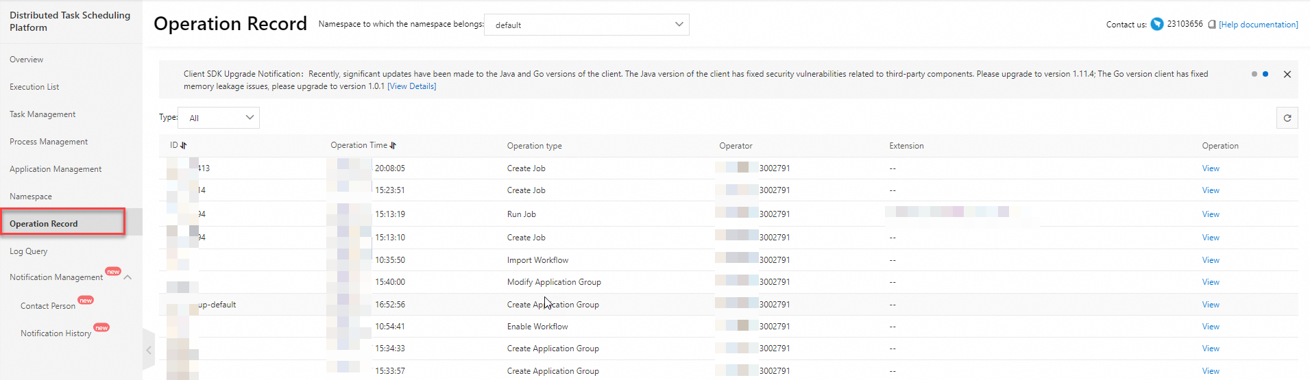 view the operation records of applications, jobs, and workflows on the ...