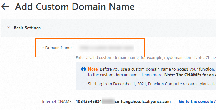 Mengonfigurasi nama domain kustom - Function Compute - 阿里云