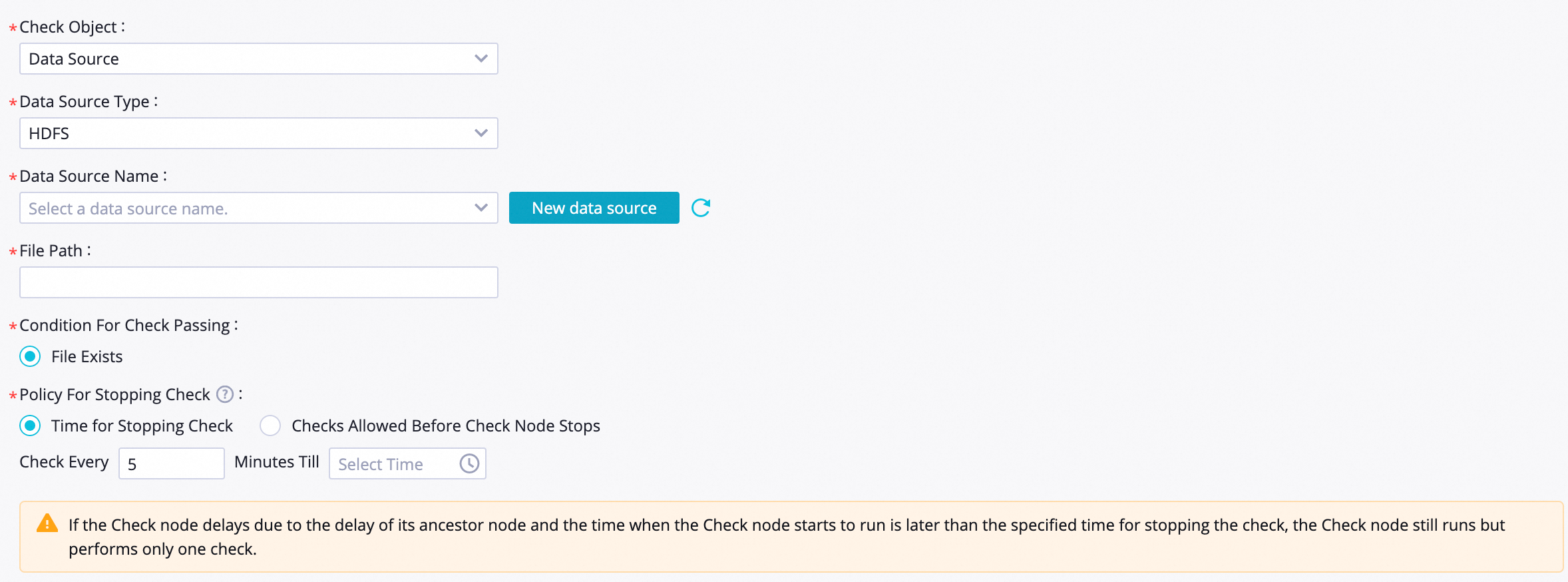 Konfigurasikan node Check untuk memeriksa ketersediaan sumber data atau tugas sinkronisasi real ...