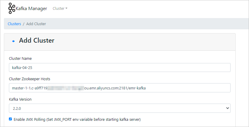 Akses antarmuka web Kafka Manager - E-MapReduce - 阿里云