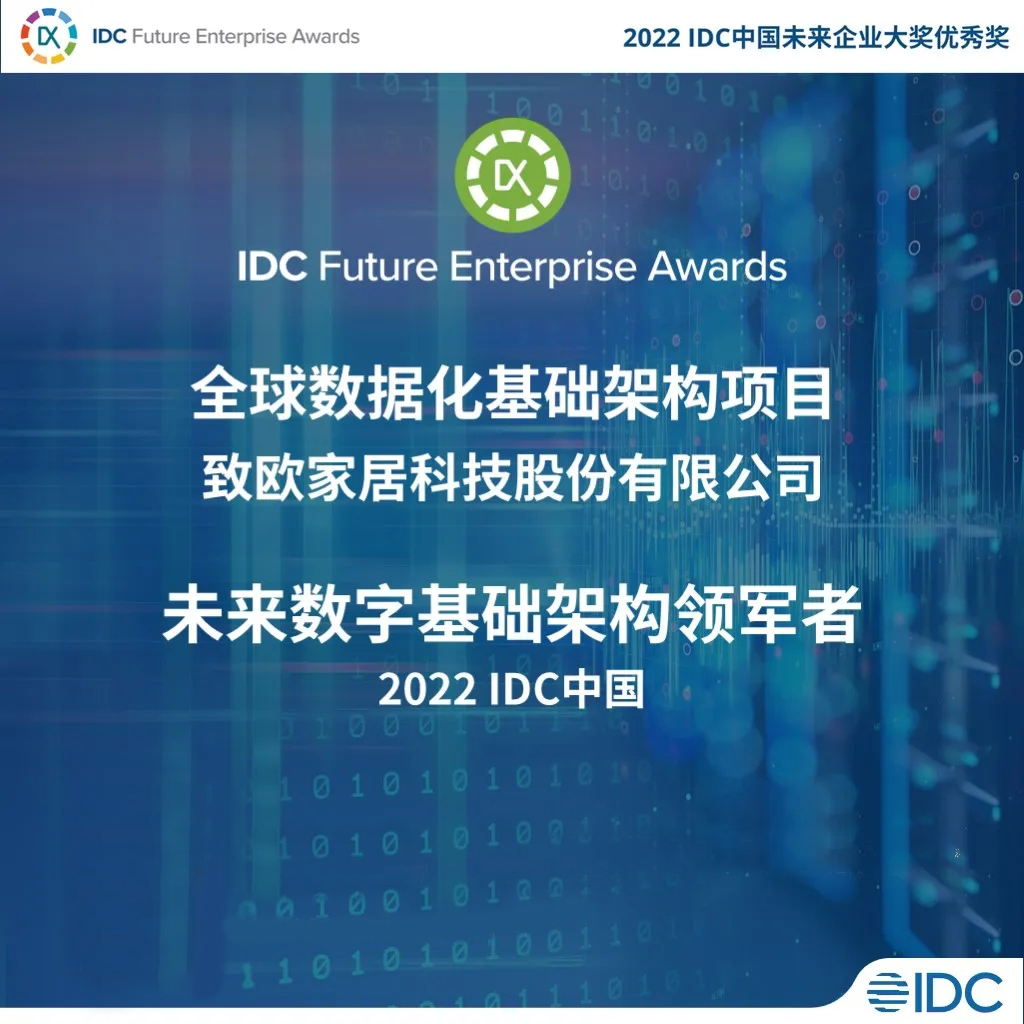 热烈祝贺致欧家居获2022 IDC 中国未来企业大奖「未来数字基础架构领军者优秀奖」